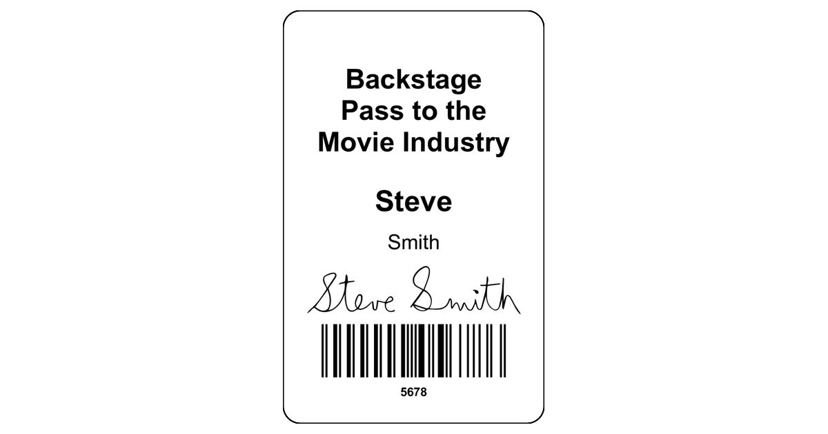 Minimalist portrait security tag with a large title, barcode, name, and ...
