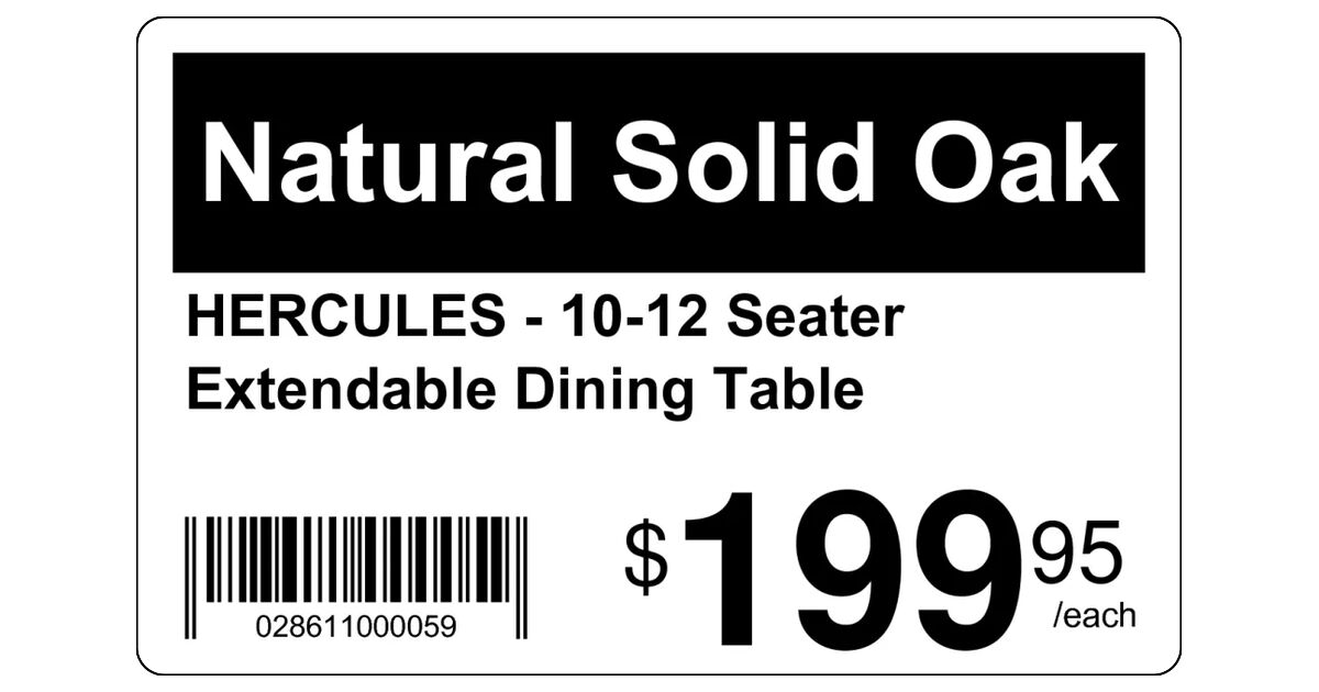 Sharp price tag with big high contrast feature, product name, barcode ...